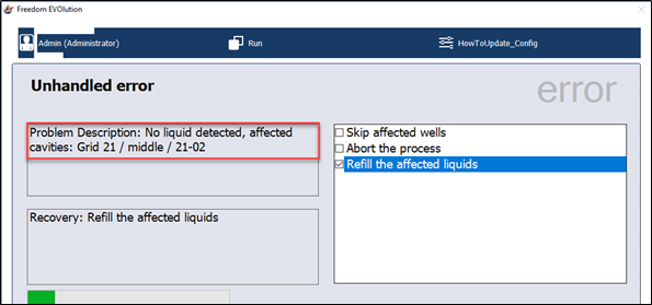 EVOlution™ displays the liquid level detection (LLD) error: No liquid ...