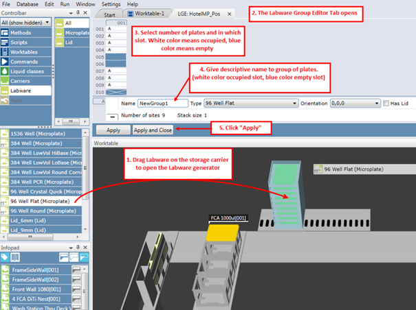 How to create labware in storage carriers (hotels, carousel, stacker ...